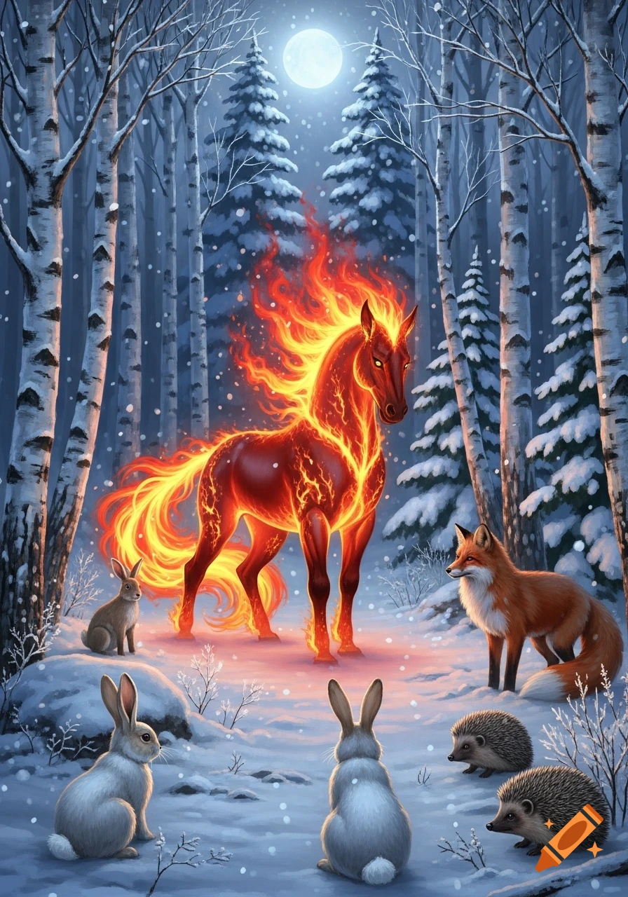 A mythical fire horse stands in a snowy winter forest, surrounded by ...
