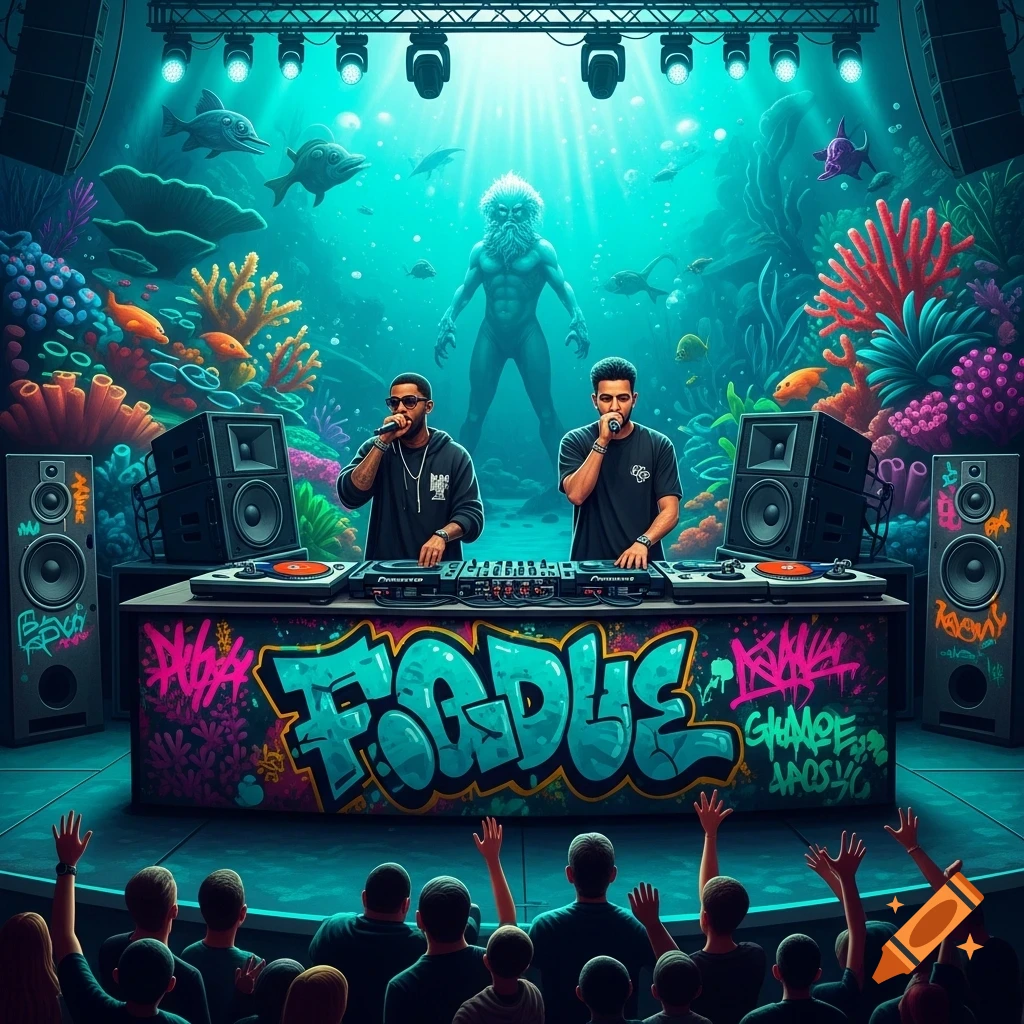 Two DJs with turntables and microphones perform on a stage for a crowd ...