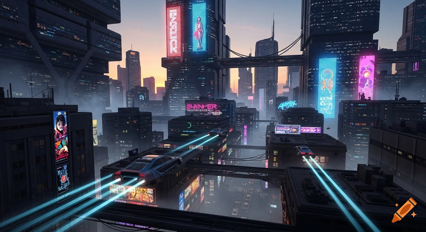 A detailed cyberpunk city at sunset with towering buildings, neon signs ...