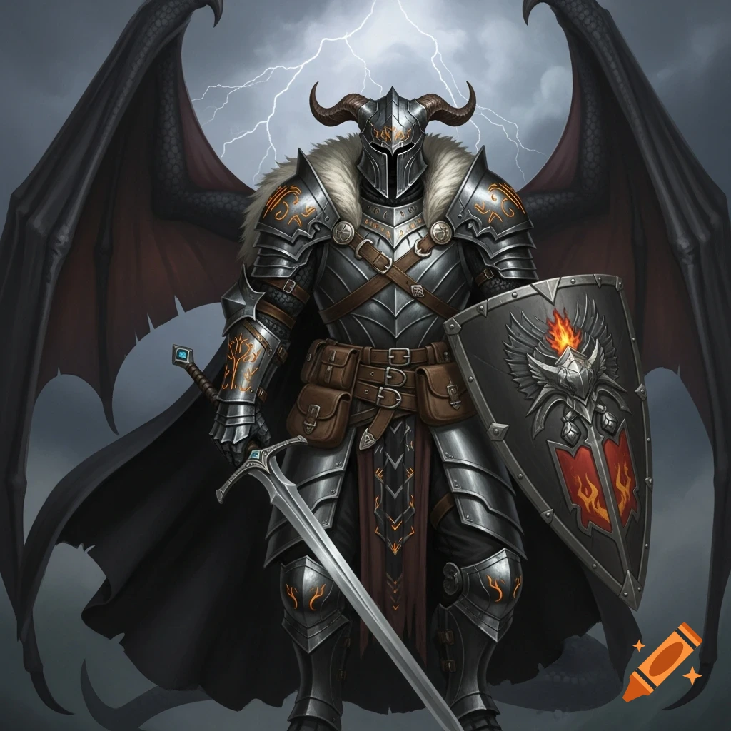 Dragonborn knight in detailed plate armor, black cape with fur, large ...