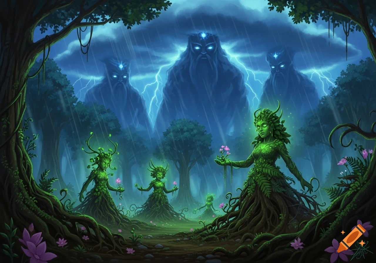 Fantasy illustration: Glowing green earth spirits hold flowers in a ...