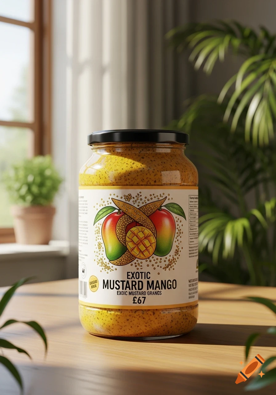 Photorealistic image of a jar of Exotic Mustard Mango, labeled £67, on ...