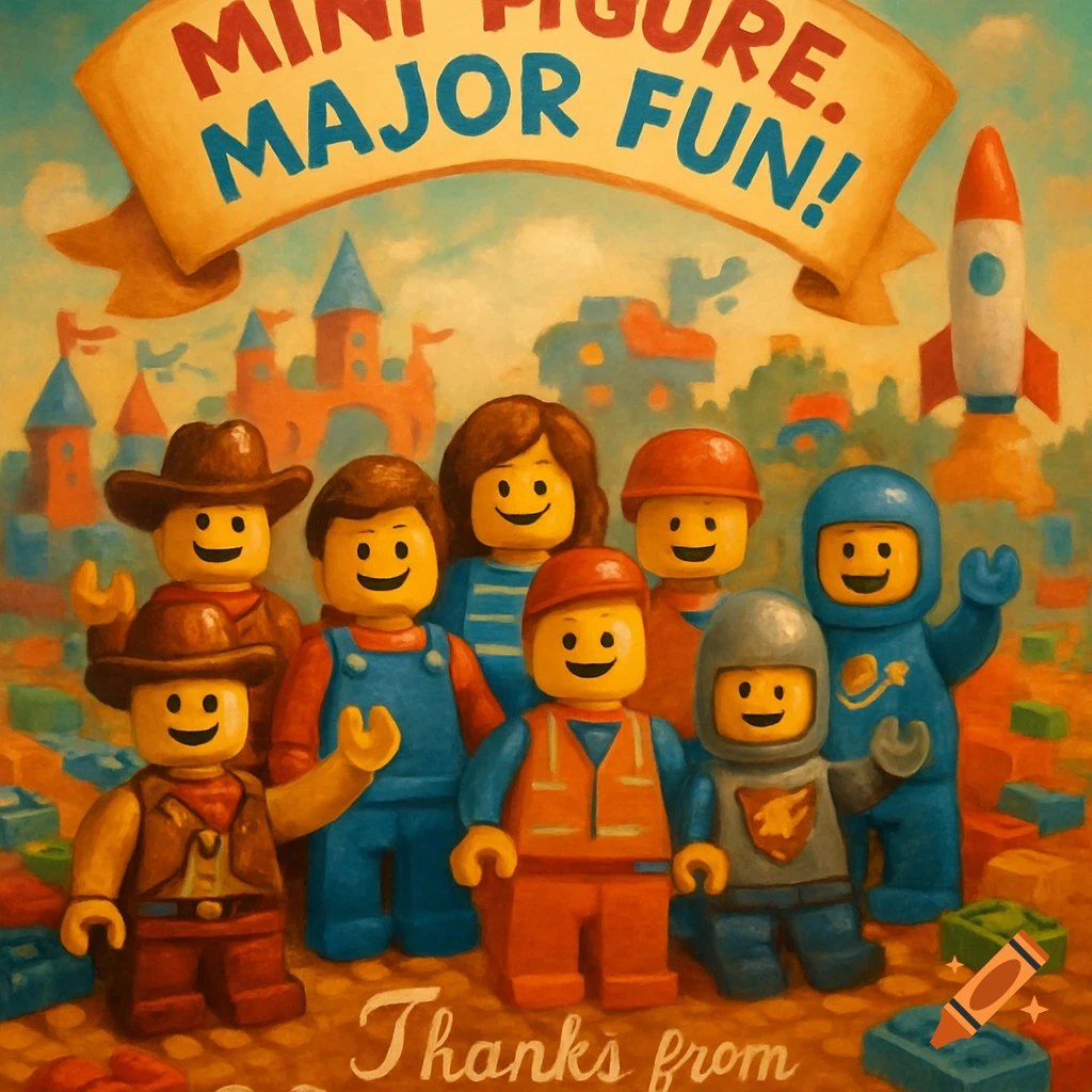 A painterly illustration of a group of diverse Lego minifigures in a ...