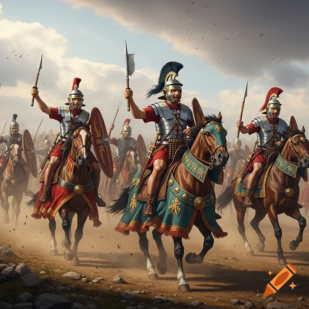 A group of armored Roman cavalry soldiers riding horses across a dusty ...