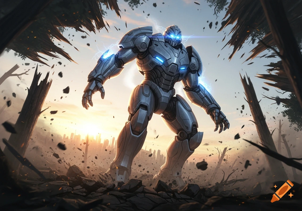 A powerful silver mech suit with glowing blue lights rises from the ...