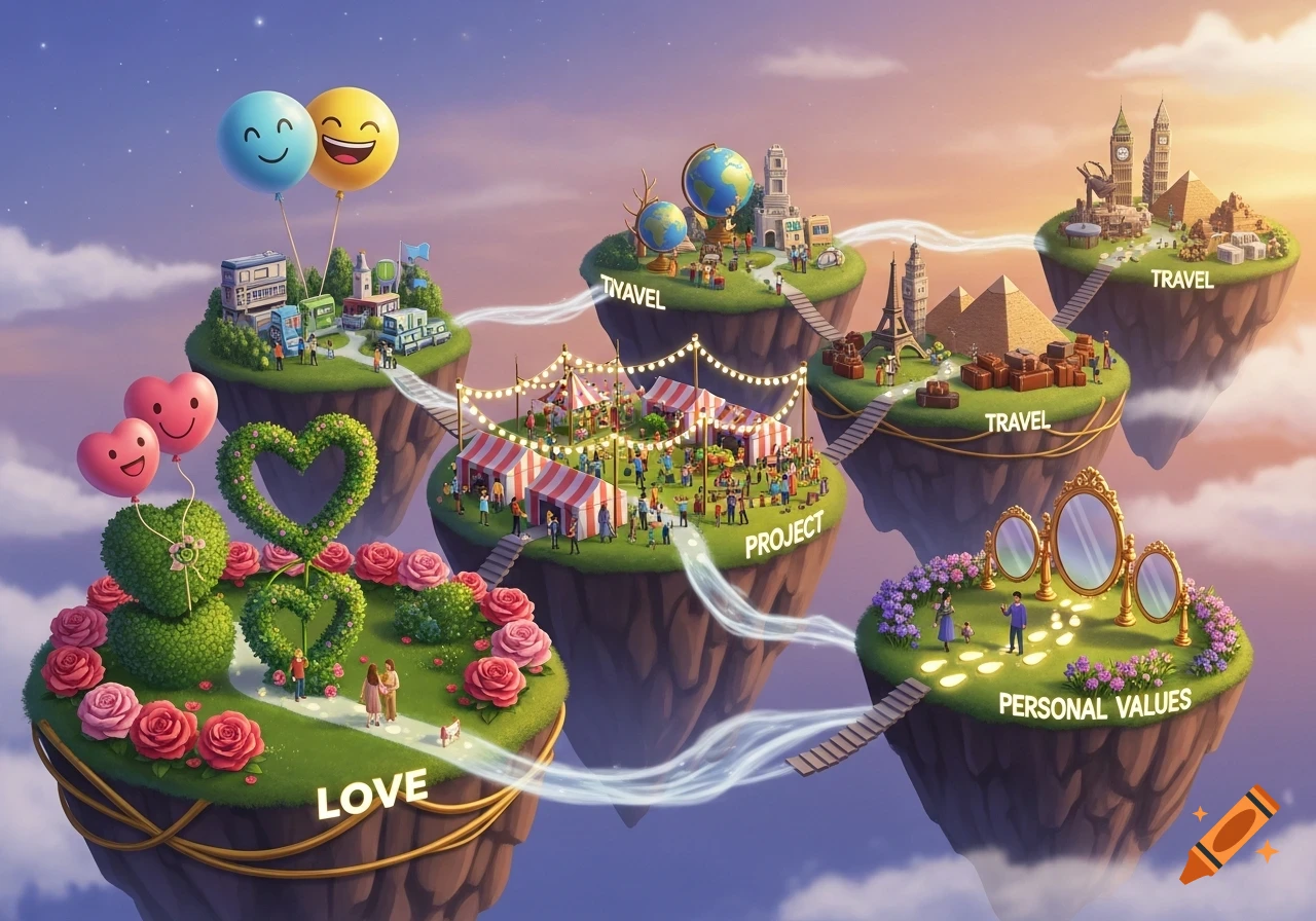 Floating islands connected by paths in a whimsical sky, each ...