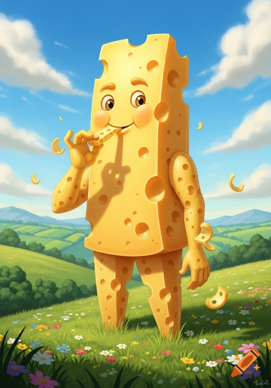 A whimsical cartoon cheese man stands in a vibrant green meadow under a ...