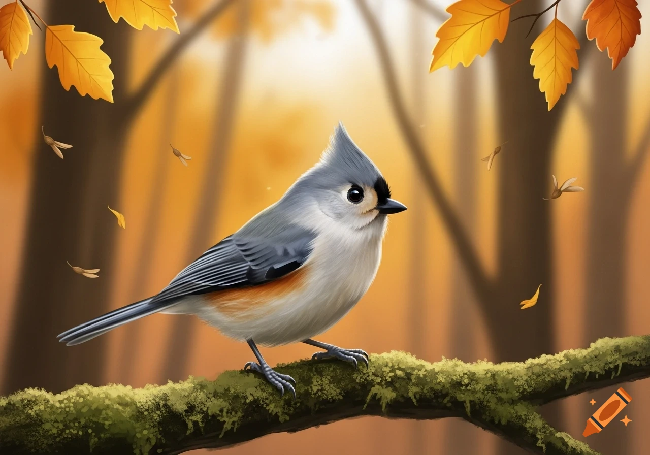 A digital illustration of a tufted titmouse with gray and white ...