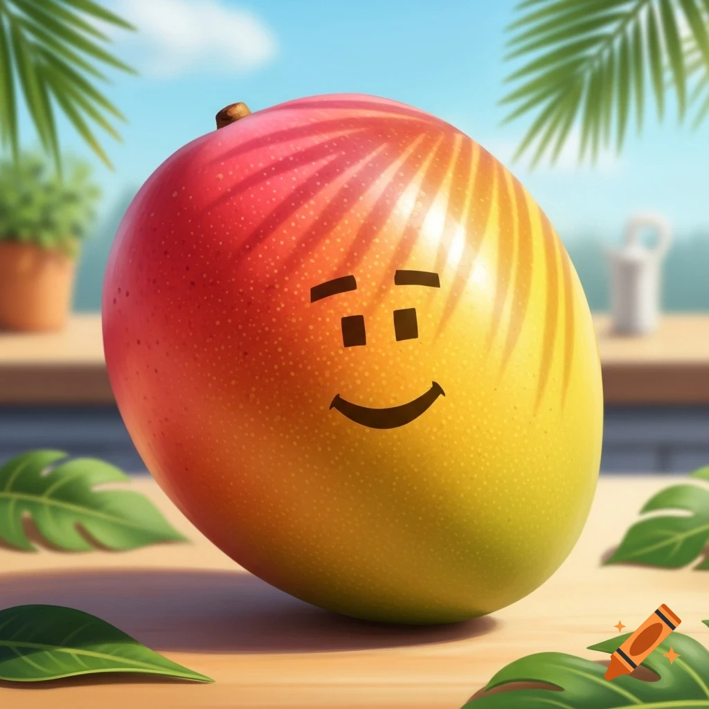 A ripe mango with a smiling Roblox-style face sits on a wooden table ...
