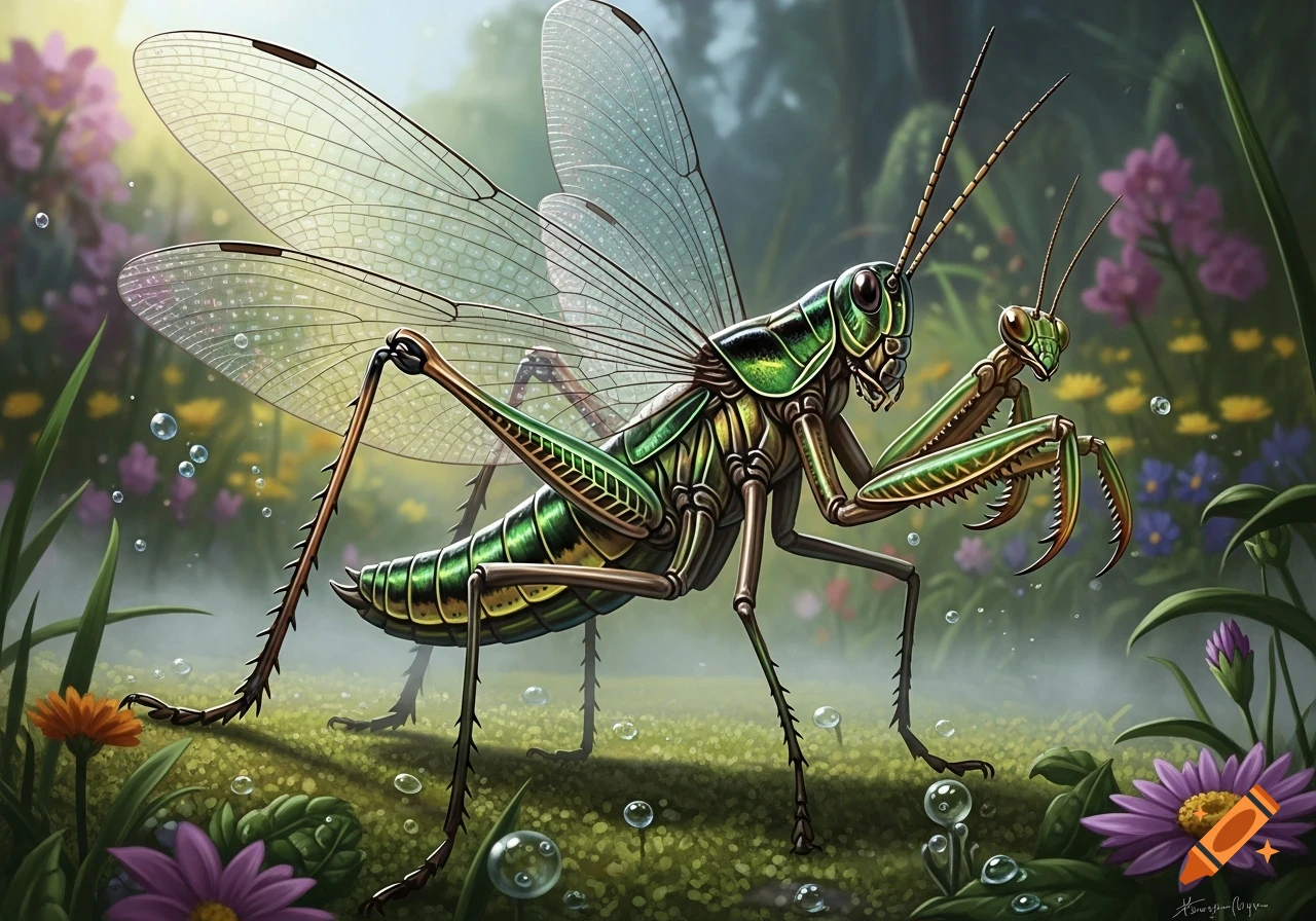 A detailed illustration of a green hybrid insect with a grasshopper's ...