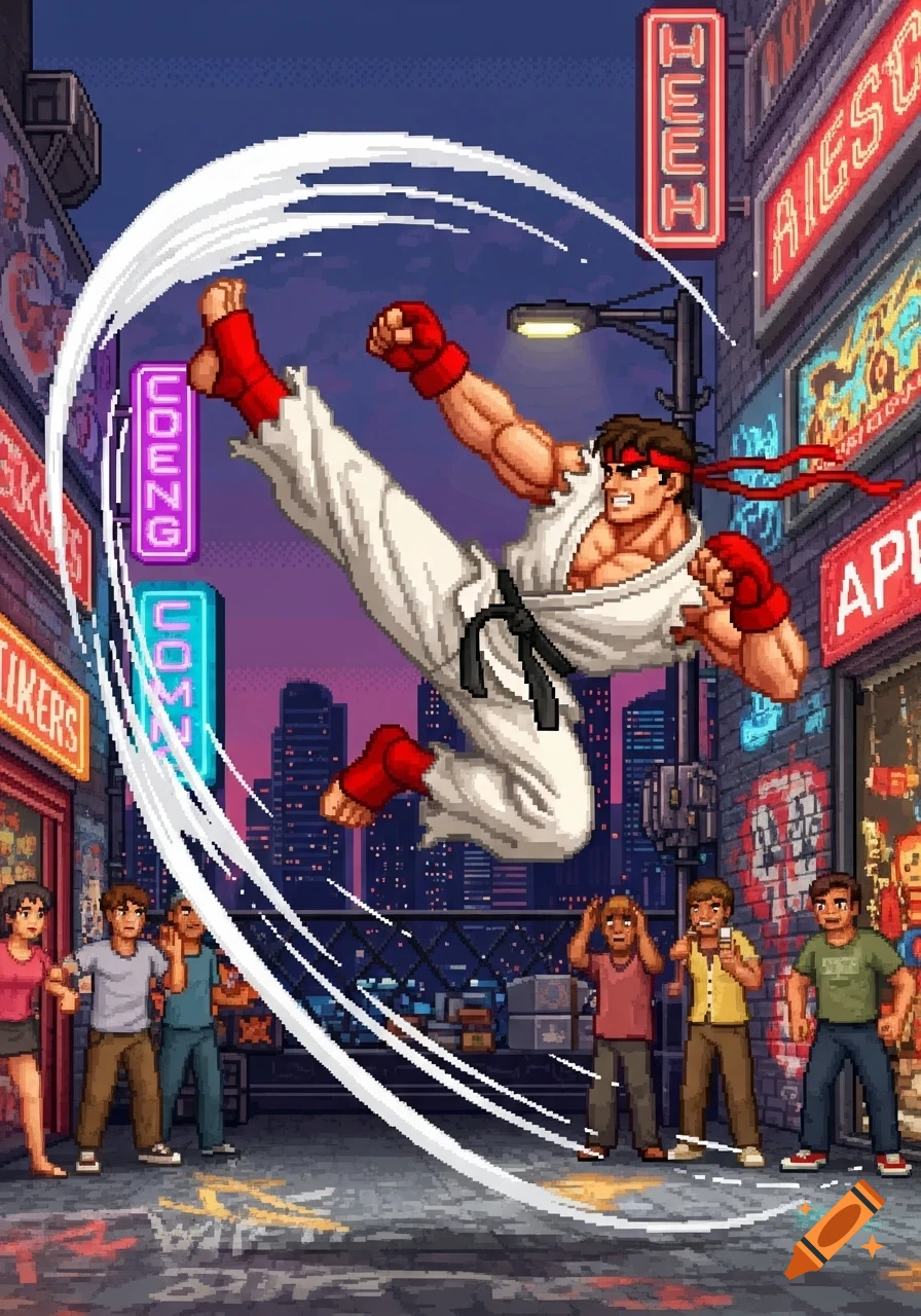 Pixel art of Ryu from Street Fighter performing a jumping kick in a ...