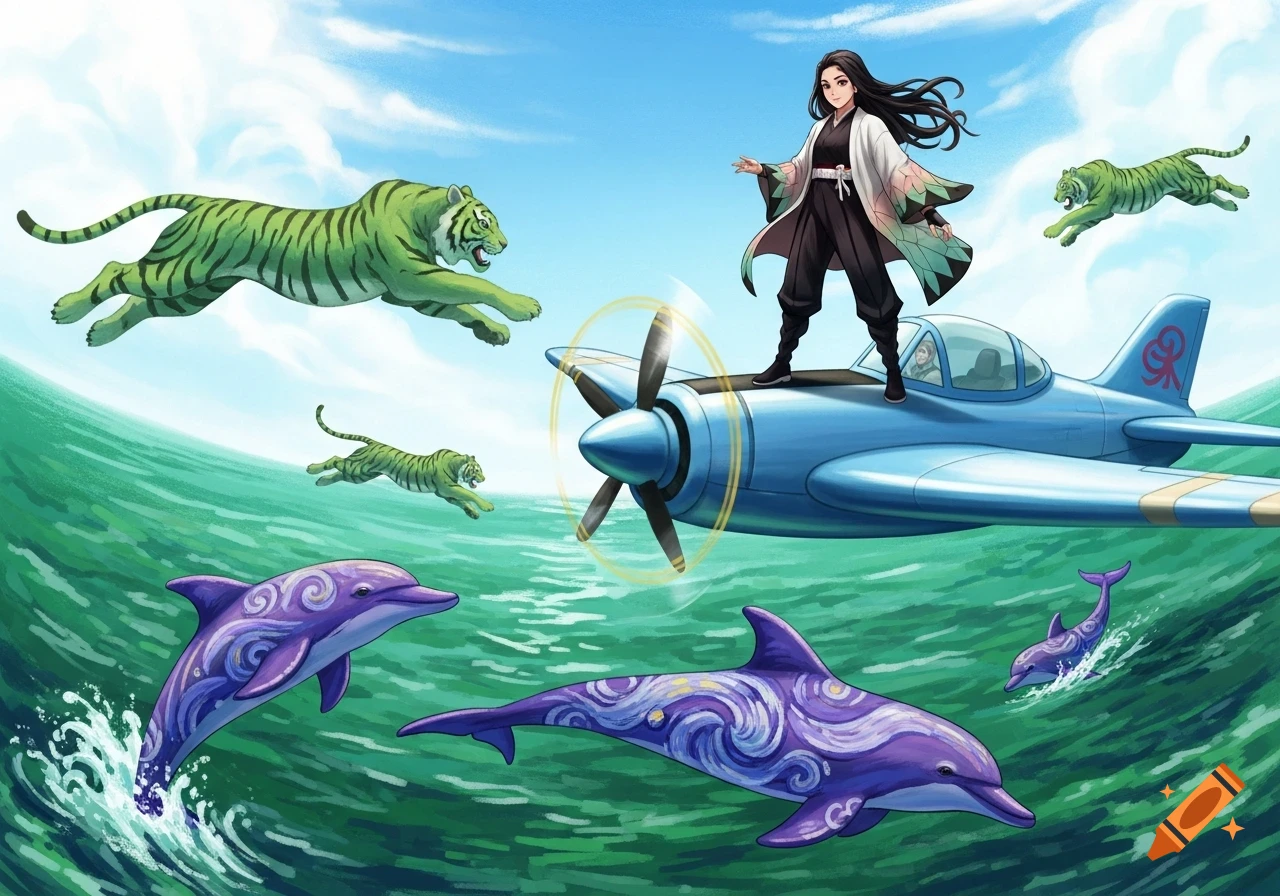 An anime girl stands on a blue propeller plane flying over a green sea ...