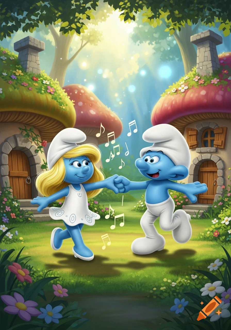 Smurfette and a male Smurf joyfully dance, holding hands, in a lush ...