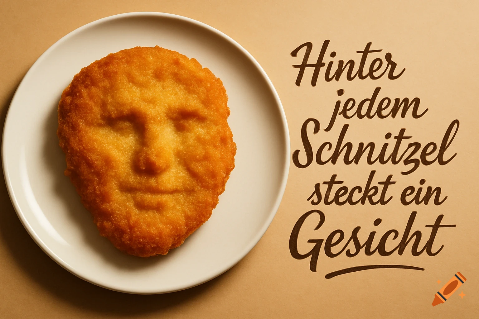 A golden-brown schnitzel with a subtle human face on a white plate ...
