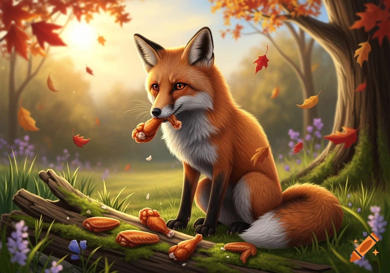 A cute cartoon fox sits on a mossy log in an autumn forest, eating a ...