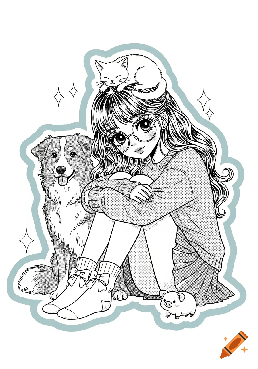 A black and white shoujo manga drawing of a girl with round glasses ...