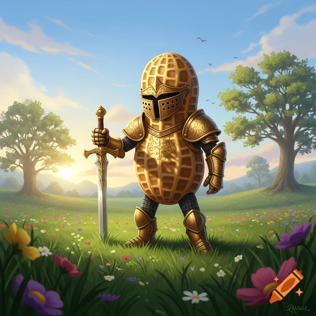 A stylized peanut character wearing golden knight armor and holding a ...