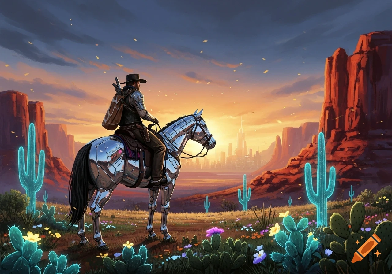 Armored cowboy on a metallic horse in a cyberpunk desert with glowing ...