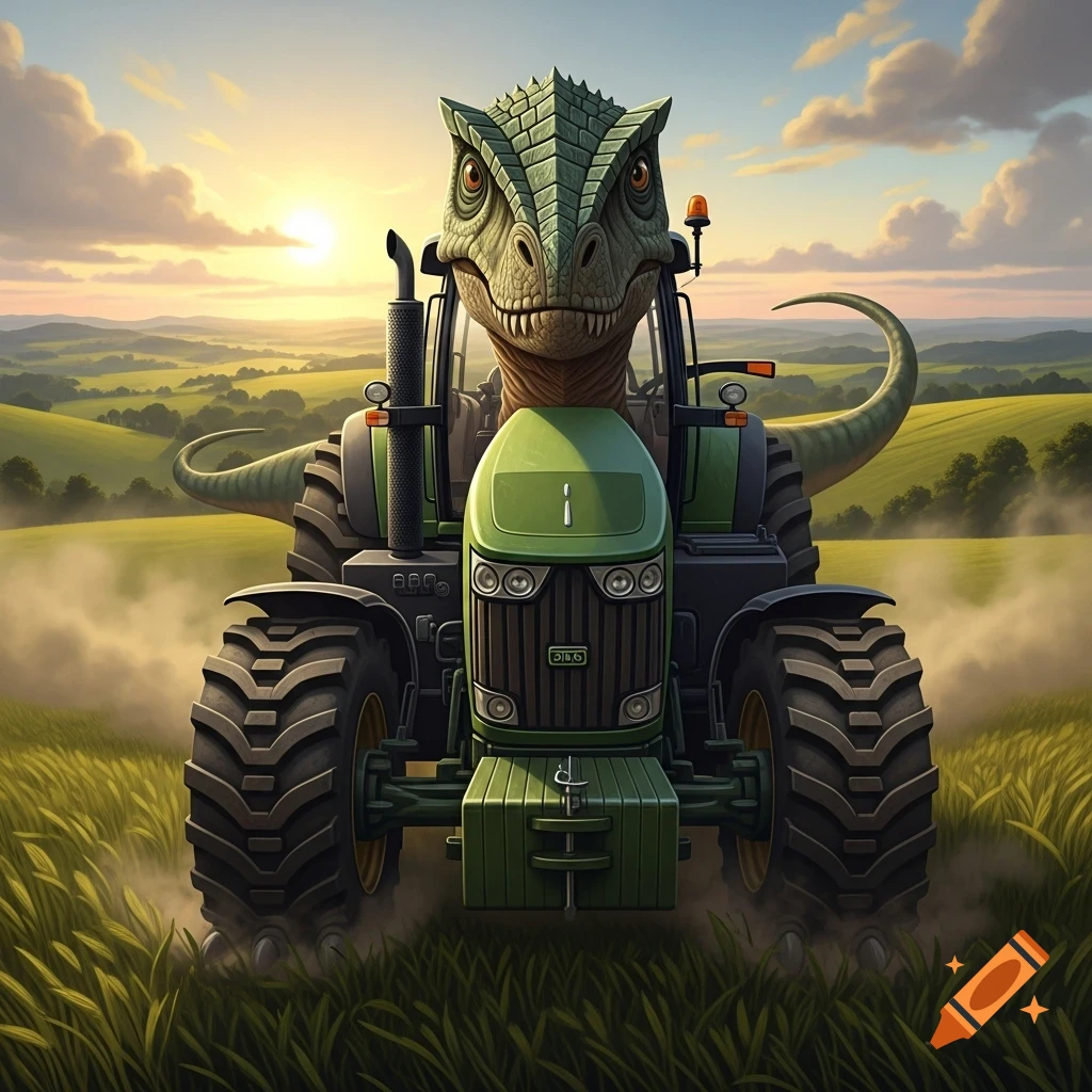 A cartoonish dinosaur with green scales drives a green tractor through ...