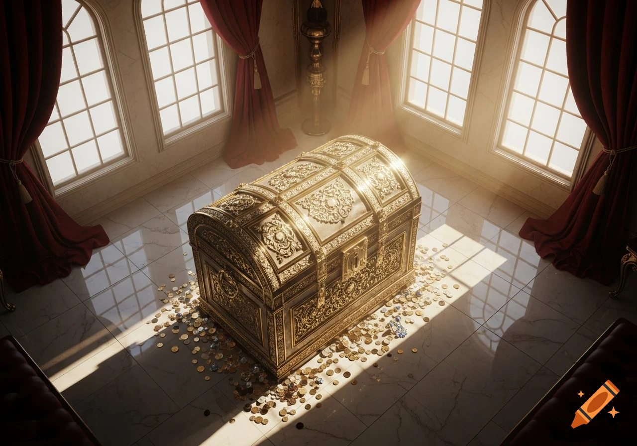 Ornate golden treasure chest overflowing with coins on a polished ...
