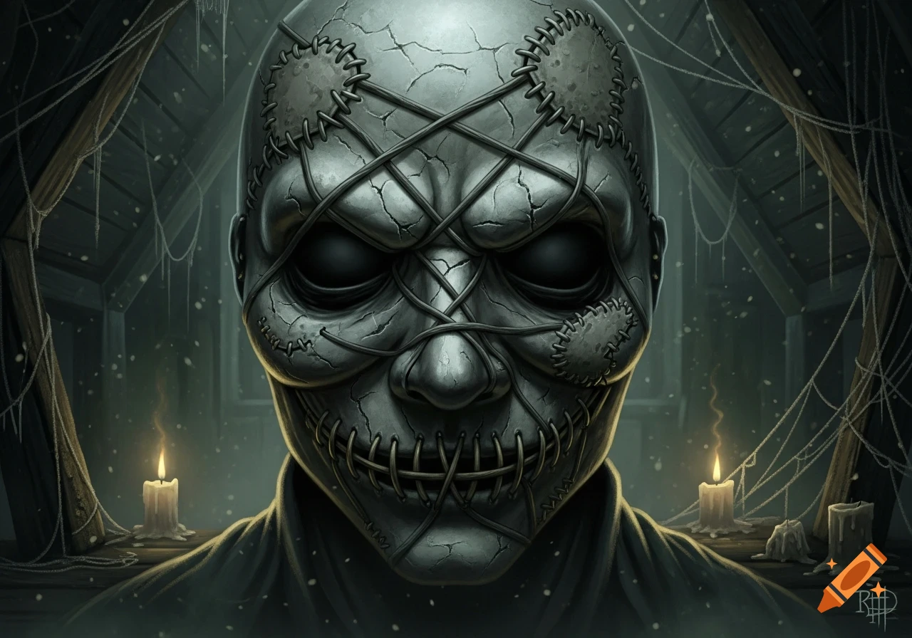 Close-up of a cracked, grey, stitched horror mask with black sunken ...