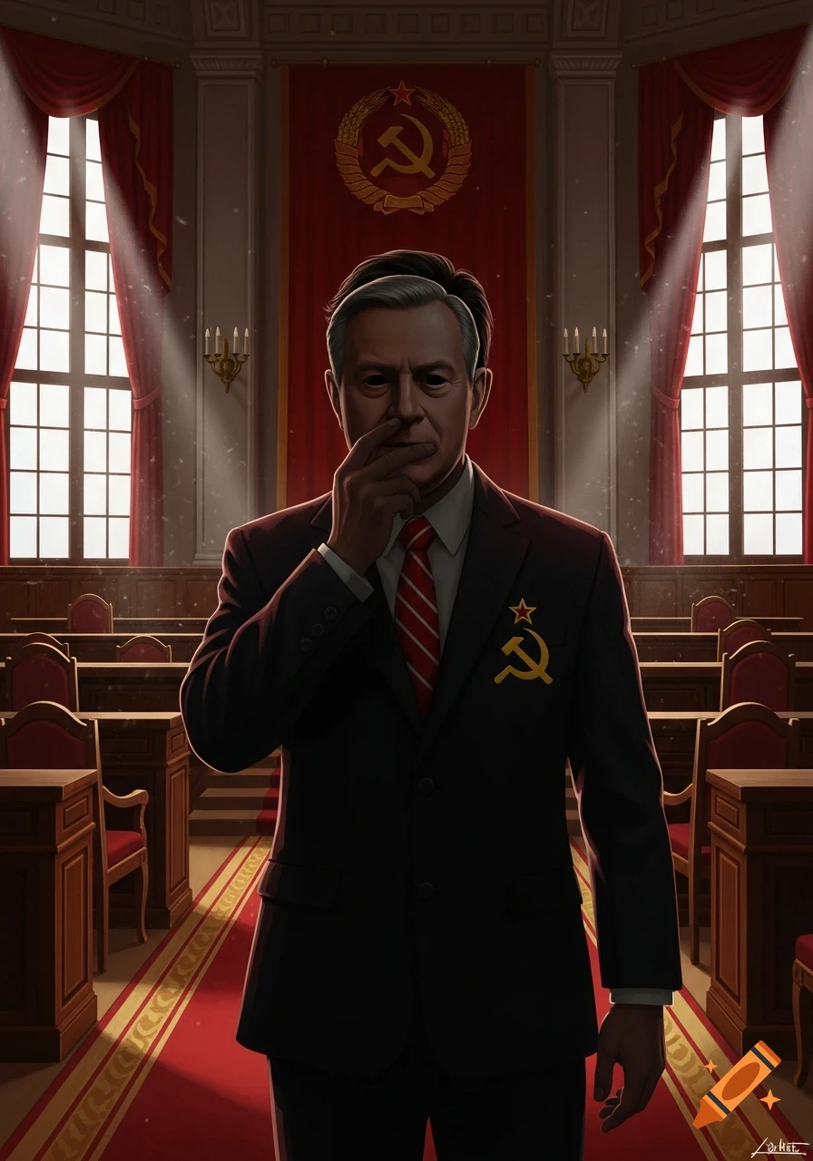 A man in a dark suit with a red striped tie and a communist hammer and ...