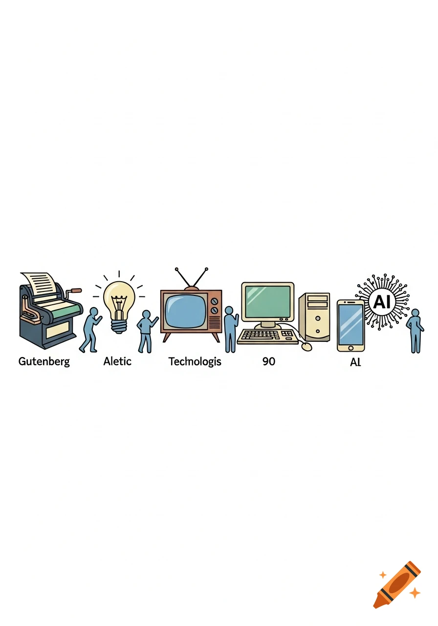 A stylized timeline illustration showing the evolution of technology ...