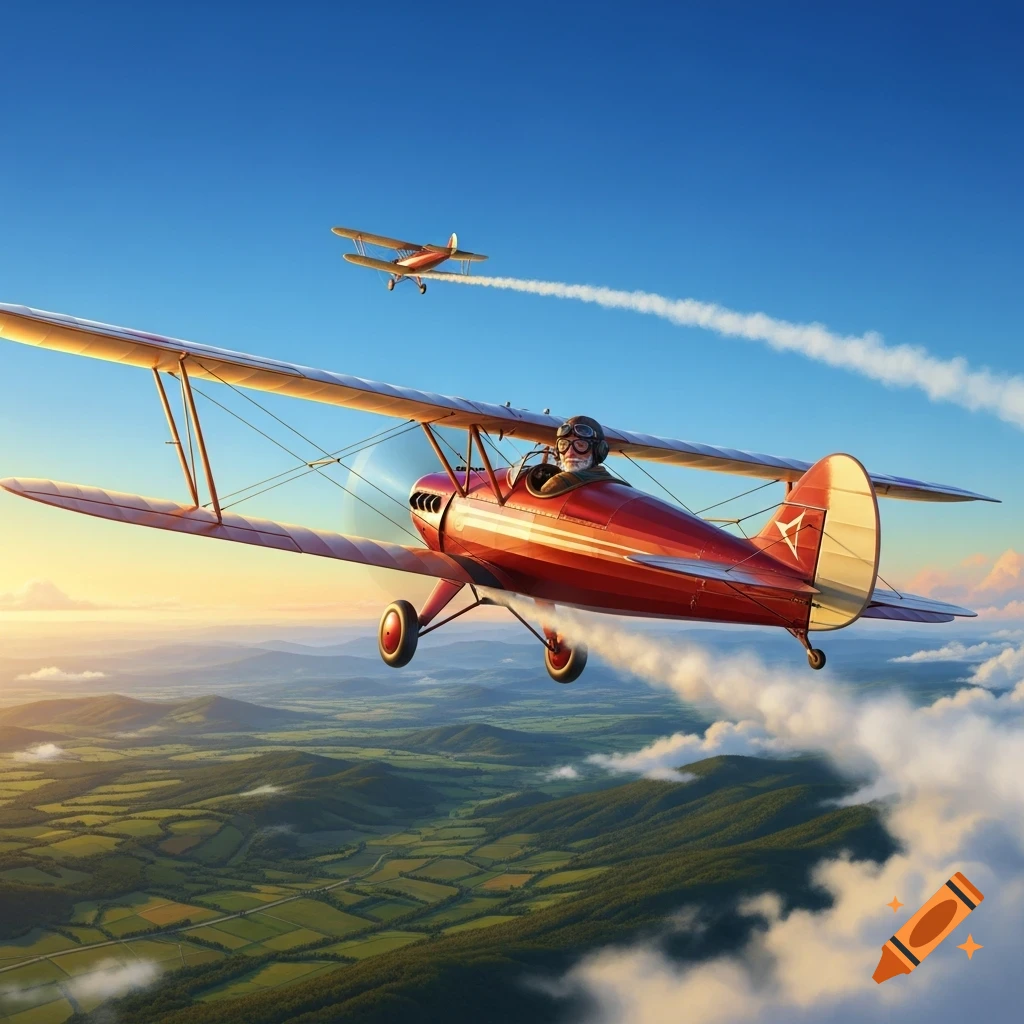 An old man pilots a red biplane over a lush green landscape with ...