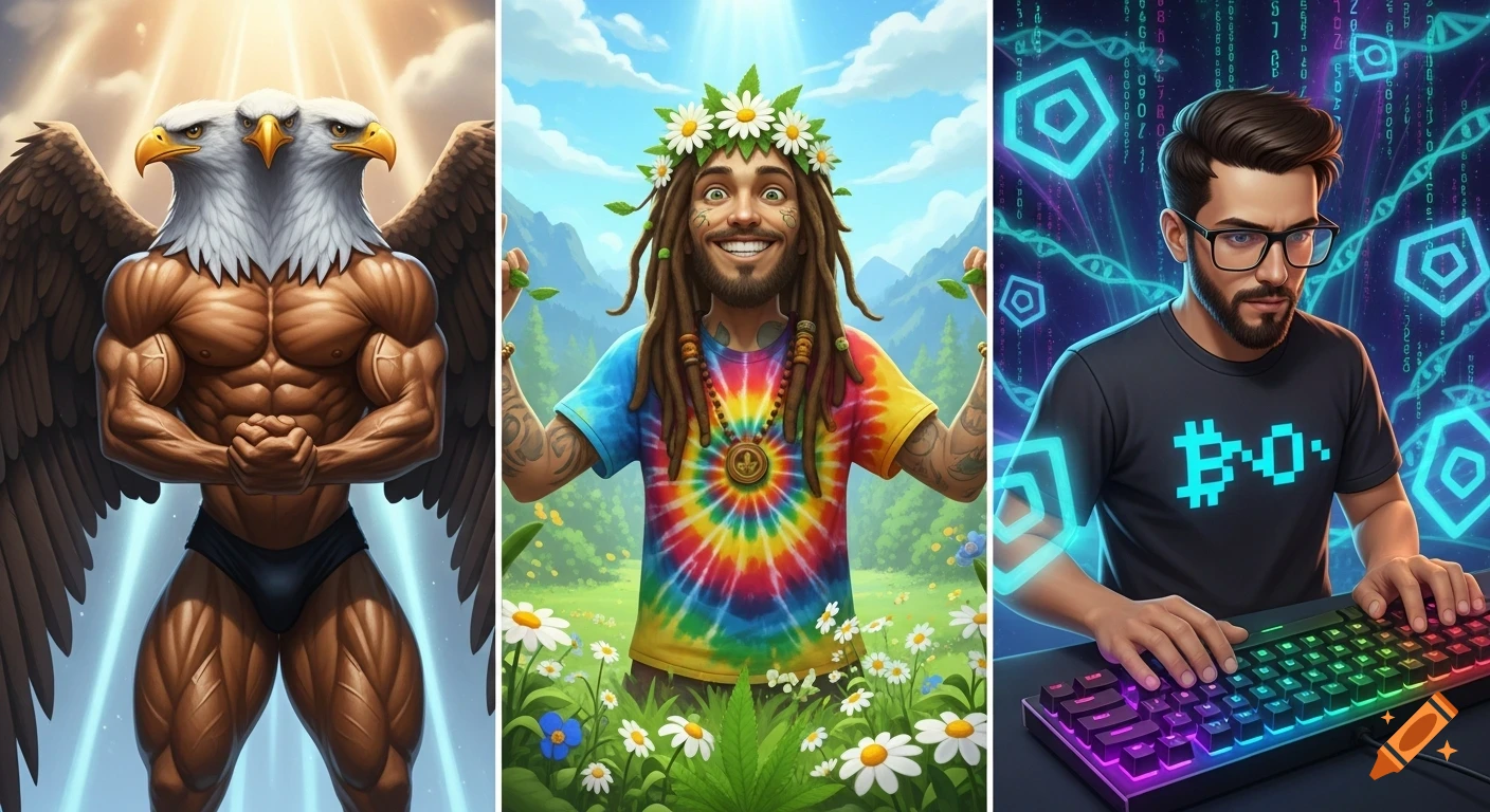 Three side-by-side digital art portraits: a muscular, two-headed eagle ...