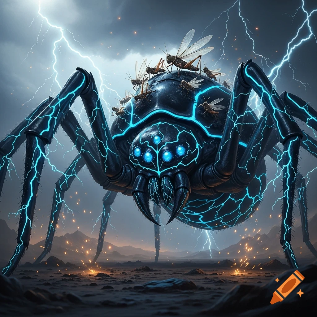 A giant black electric spider monster with glowing blue lines and eyes ...