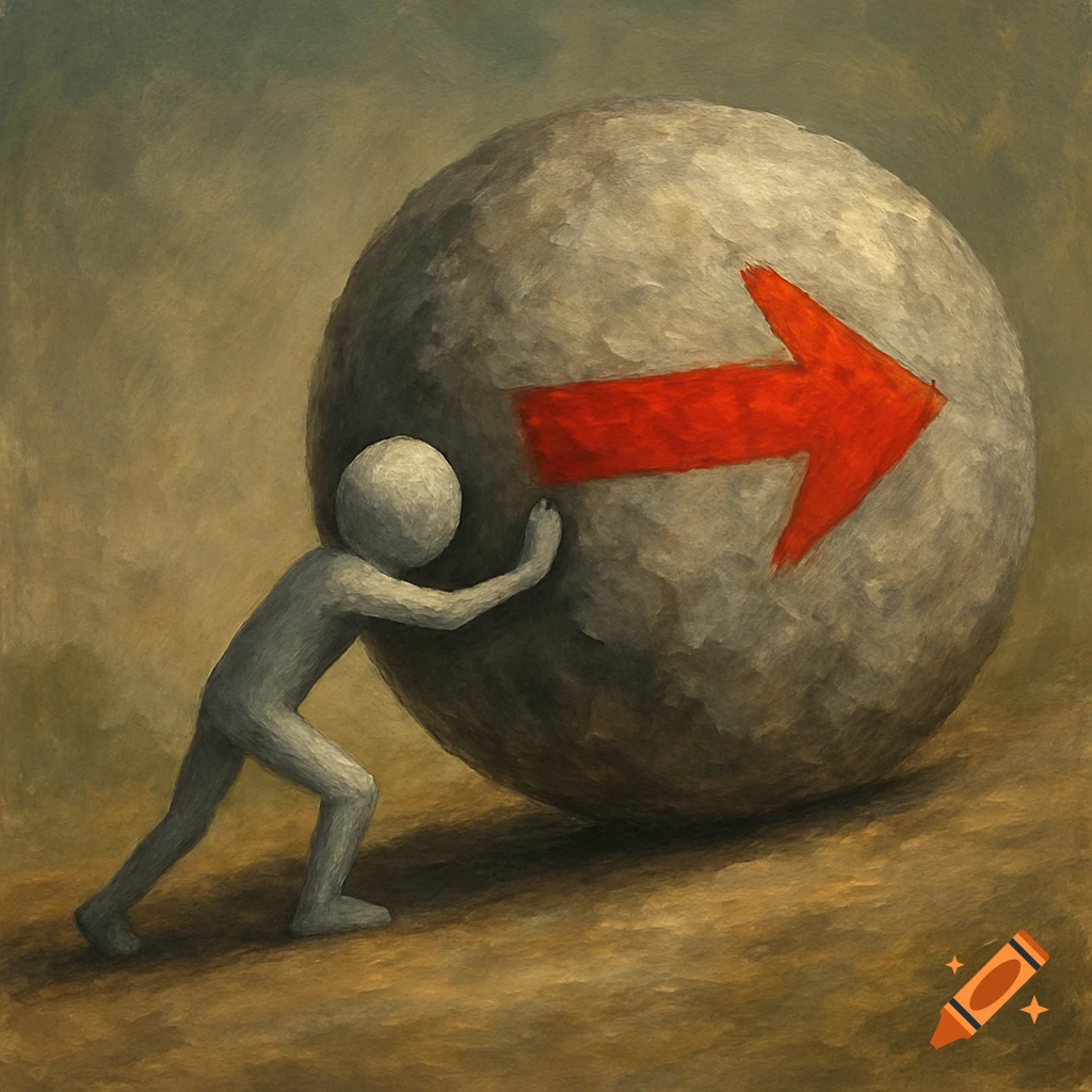 A grey stick figure pushes a large, textured round rock with a red ...