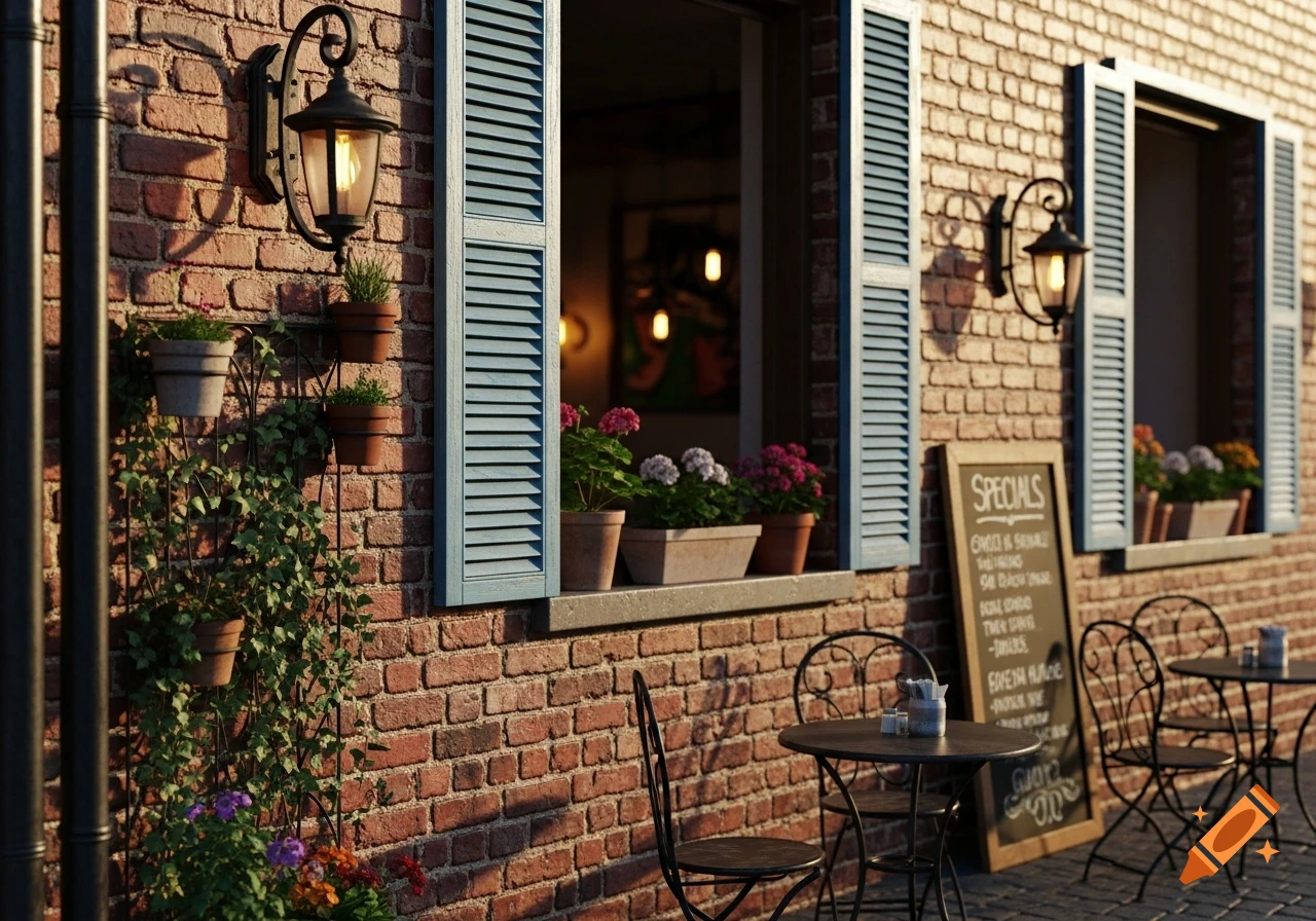 A sunlit cafe exterior with a brick wall, blue window shutters, potted ...