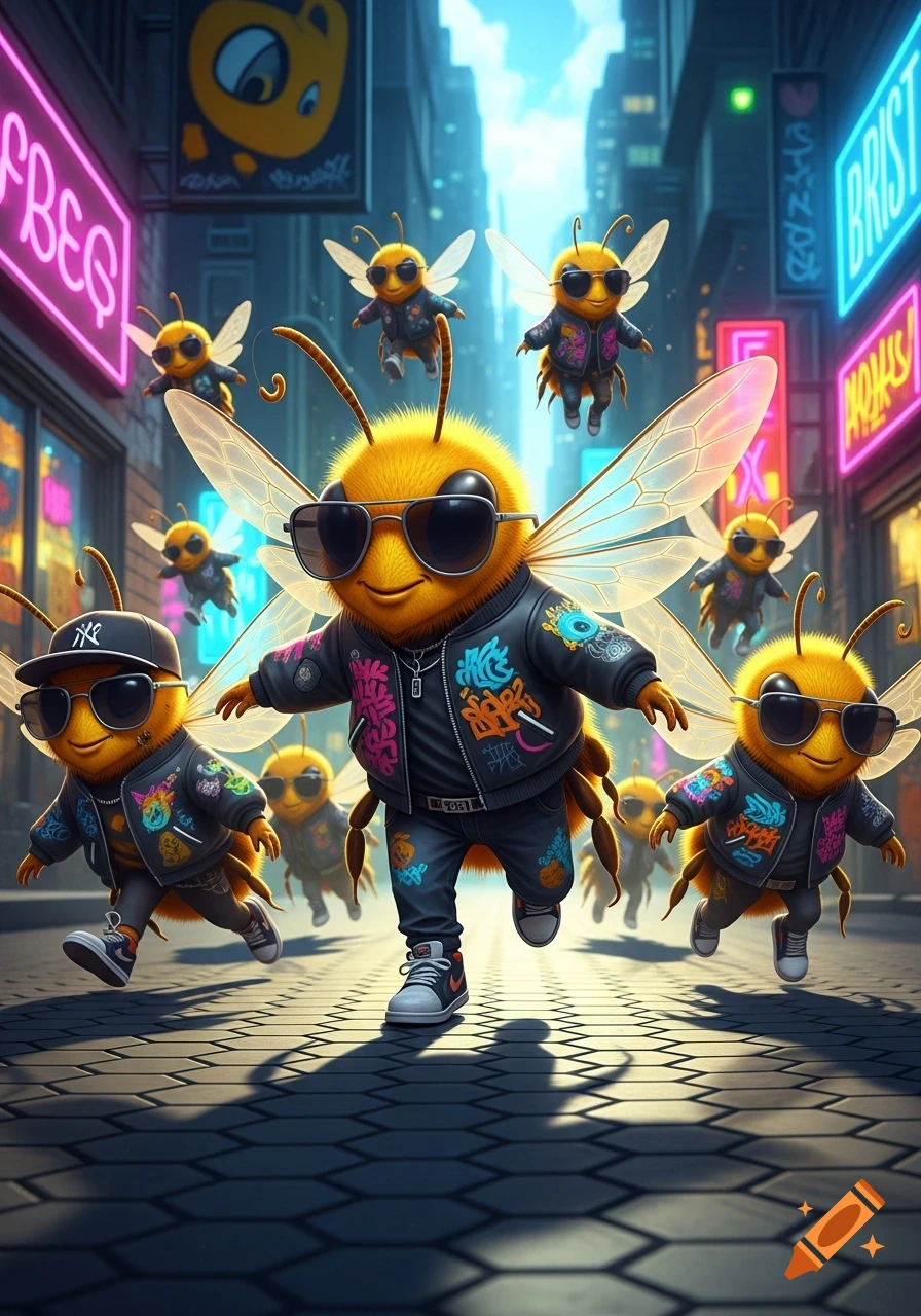 A group of anthropomorphic bees wearing sunglasses and hip-hop clothing ...