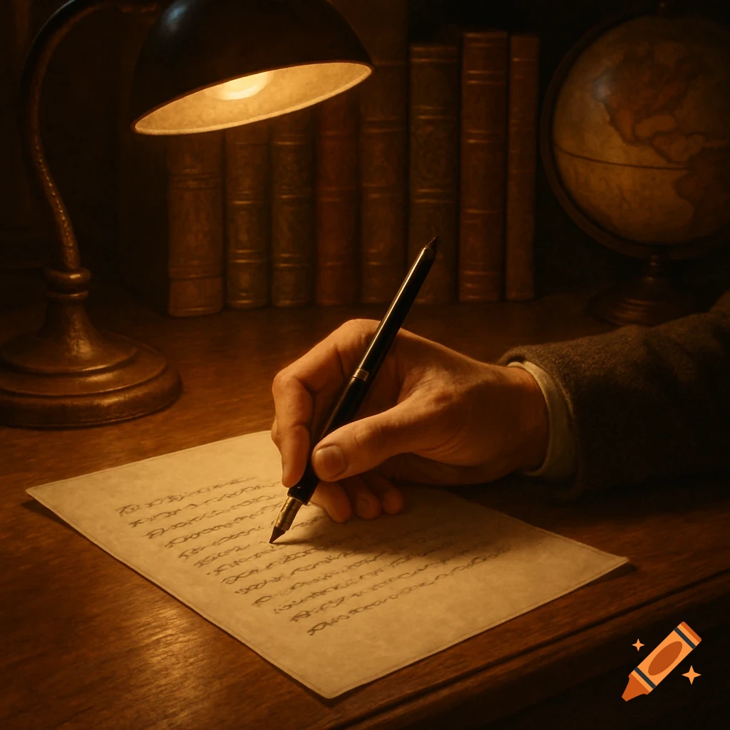 A left hand writes with a fountain pen on an illuminated paper on a ...