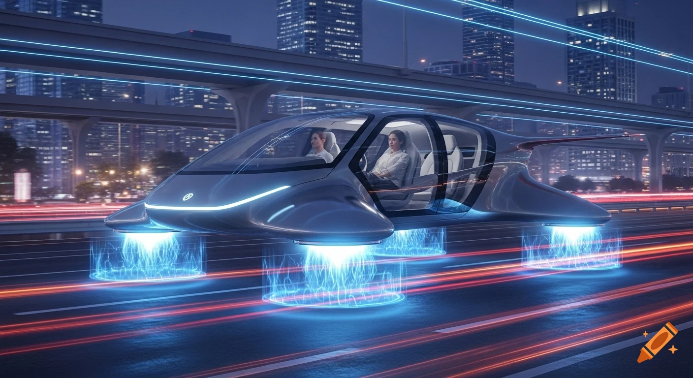 A futuristic levitating vehicle with two passengers hovers over a city ...
