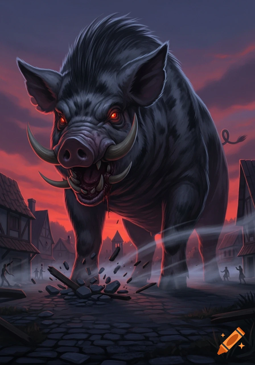 A giant, monstrous black boar with glowing red eyes and tusks rampages ...