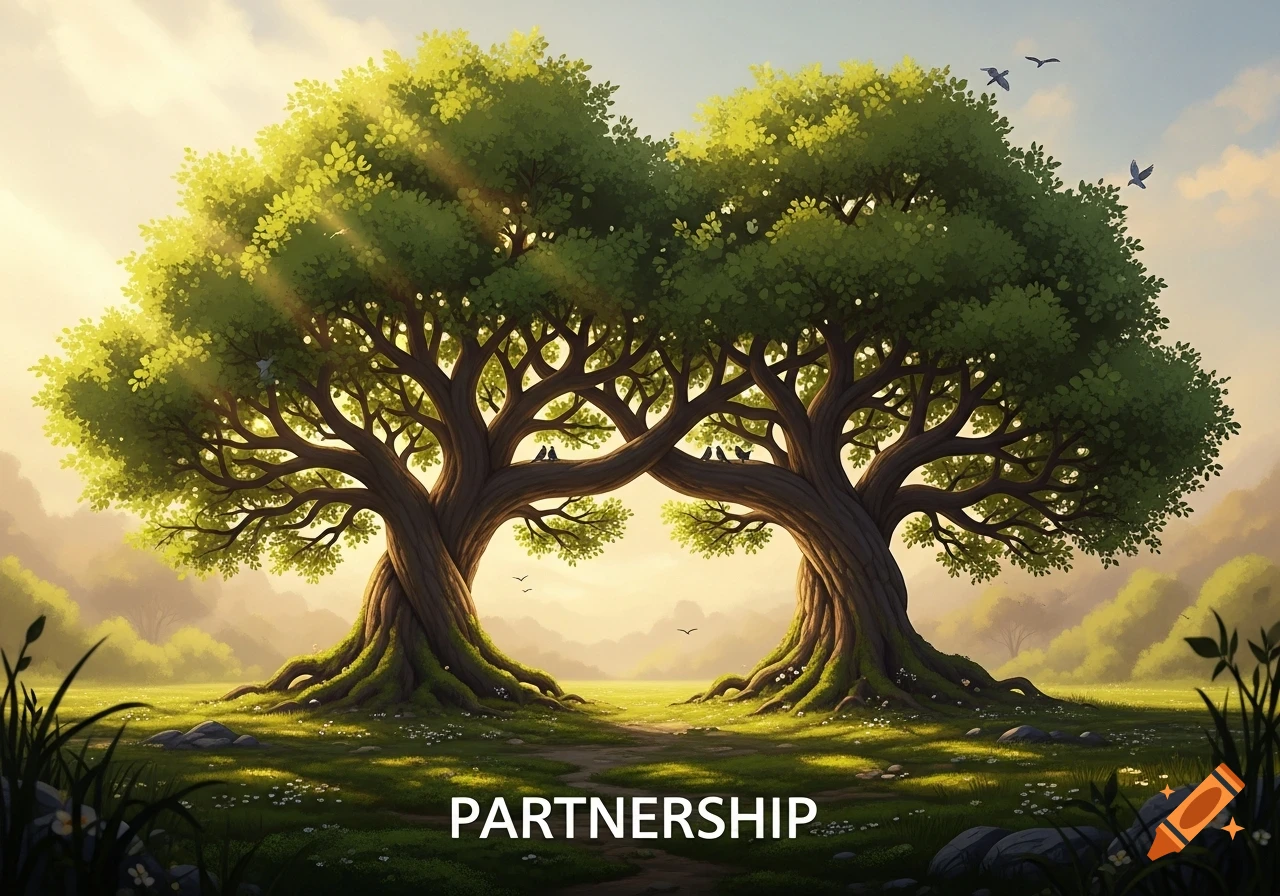 Two large, intertwined trees with lush green foliage in a sun-drenched ...