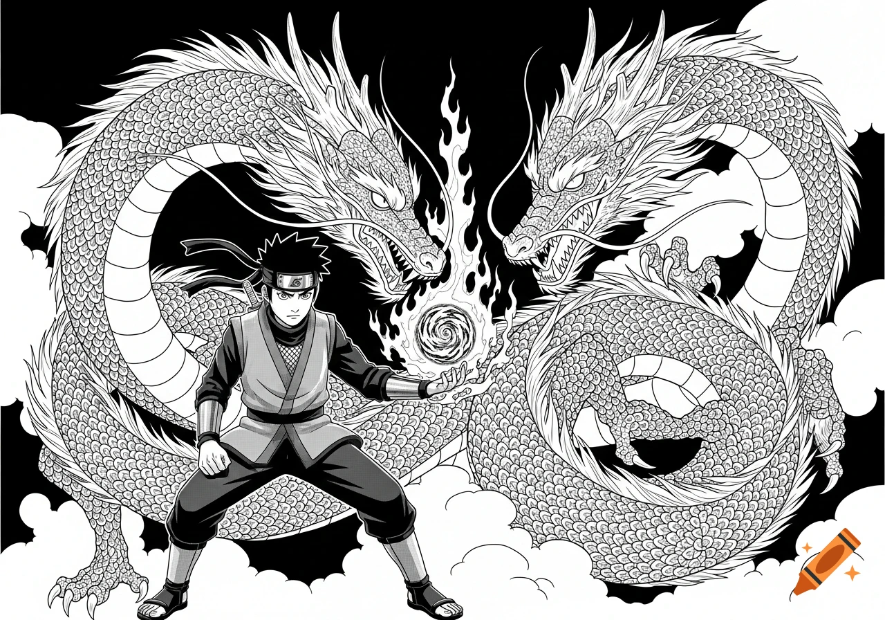 A black and white manga drawing of a ninja casting a fire spell between ...
