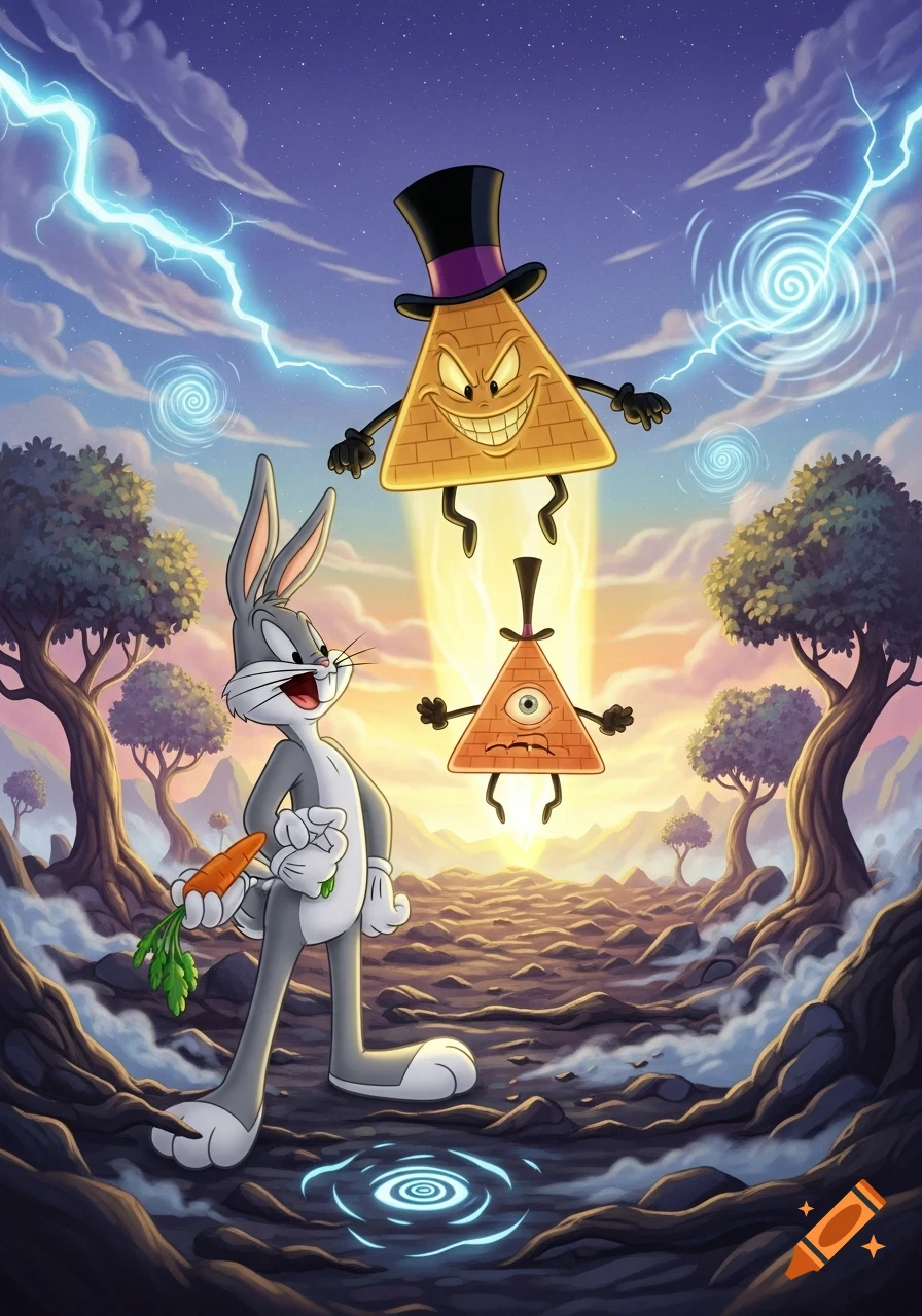 Bugs Bunny holds a carrot, looking up at a menacing Bill Cipher ...