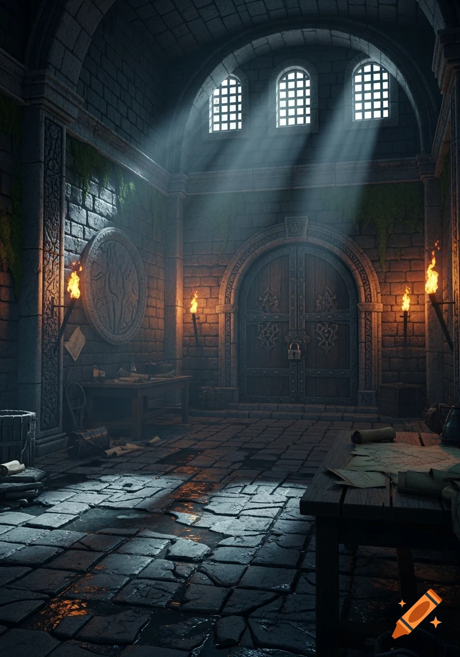 A dimly lit ancient stone dungeon room with sunlight beams through ...