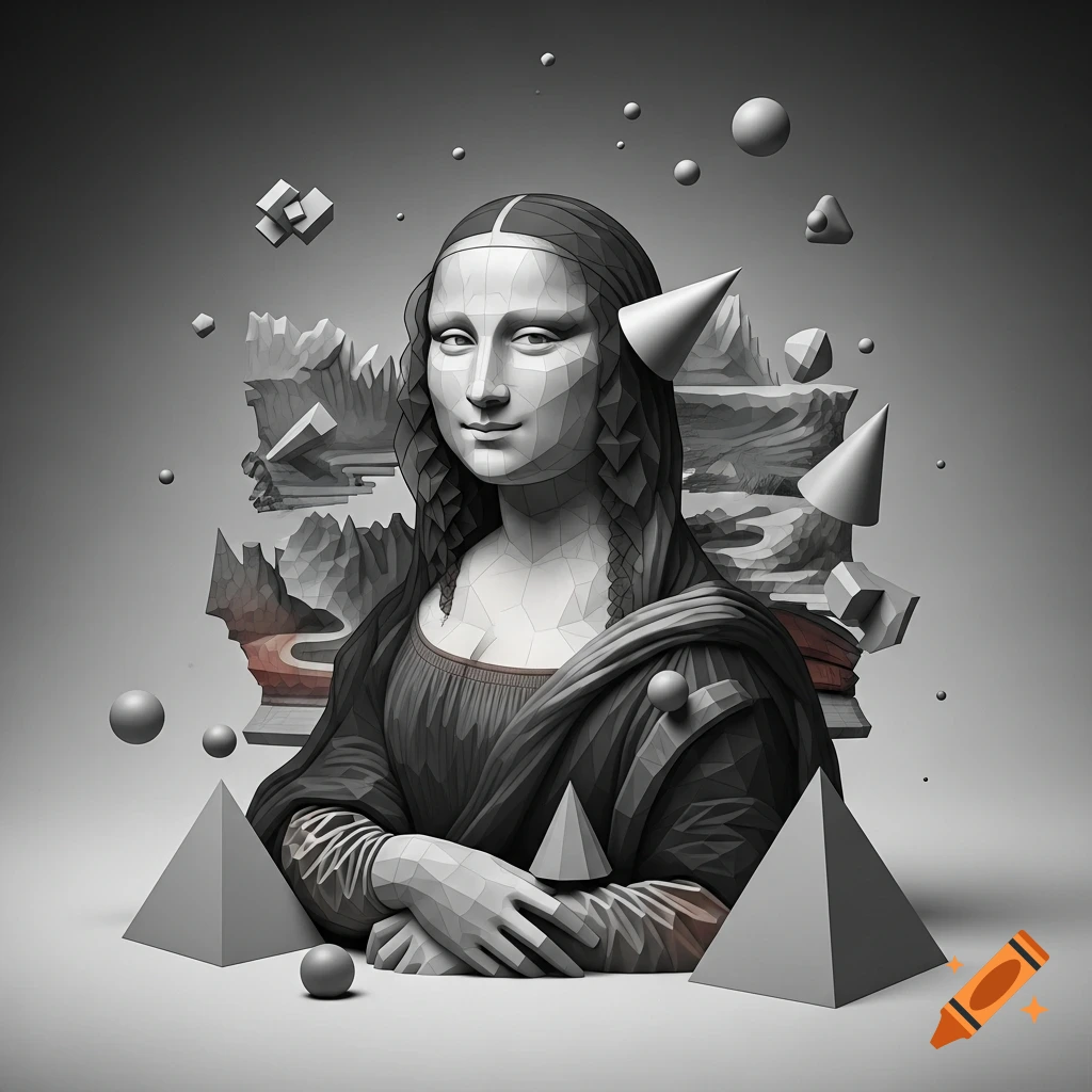 Grayscale, low-poly Mona Lisa artwork, composed of geometric shapes ...