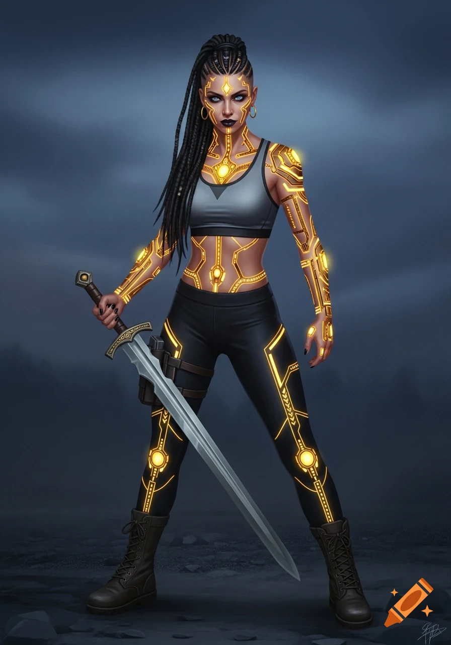 A powerful woman warrior with glowing gold cybernetic implants, braided ...
