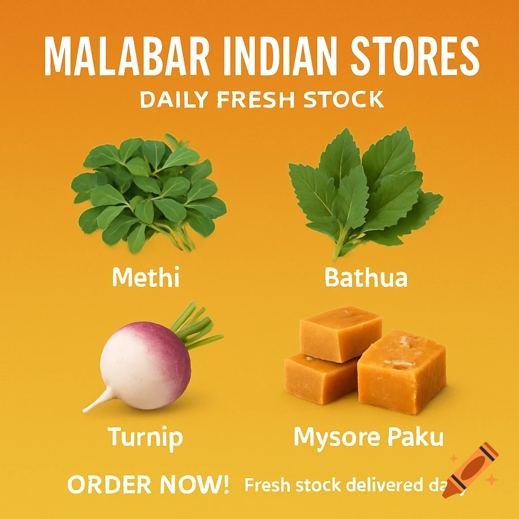 A vibrant orange-yellow poster advertising "Malabar Indian Stores" with ...