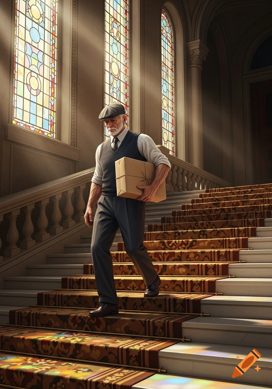 A muscular older man in a vest and flat cap carries a package up a ...