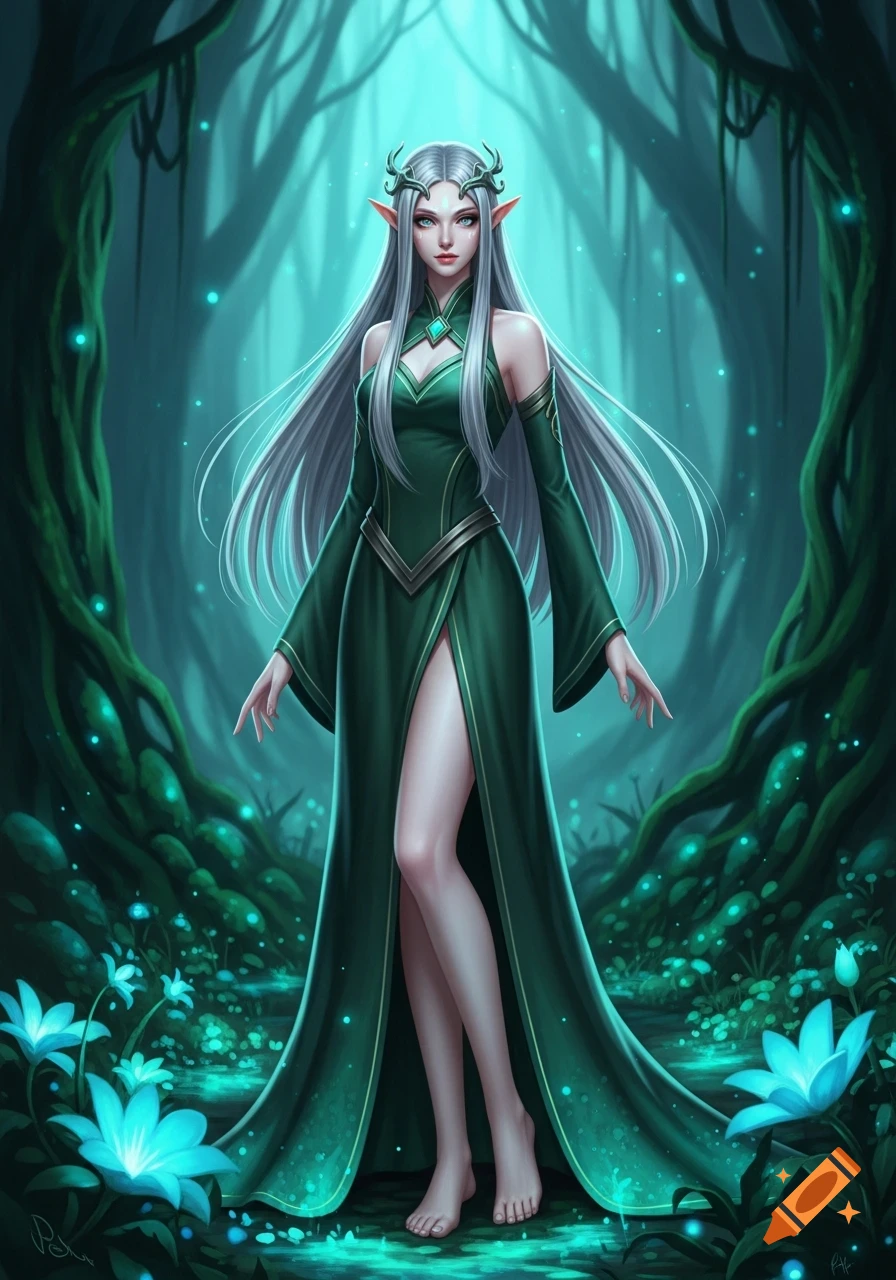 An elegant high-fae woman with silver hair and pointed ears, in a green ...