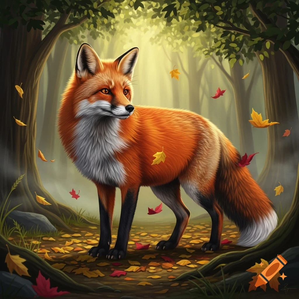 A red fox with white chest fur stands in an autumnal forest with ...