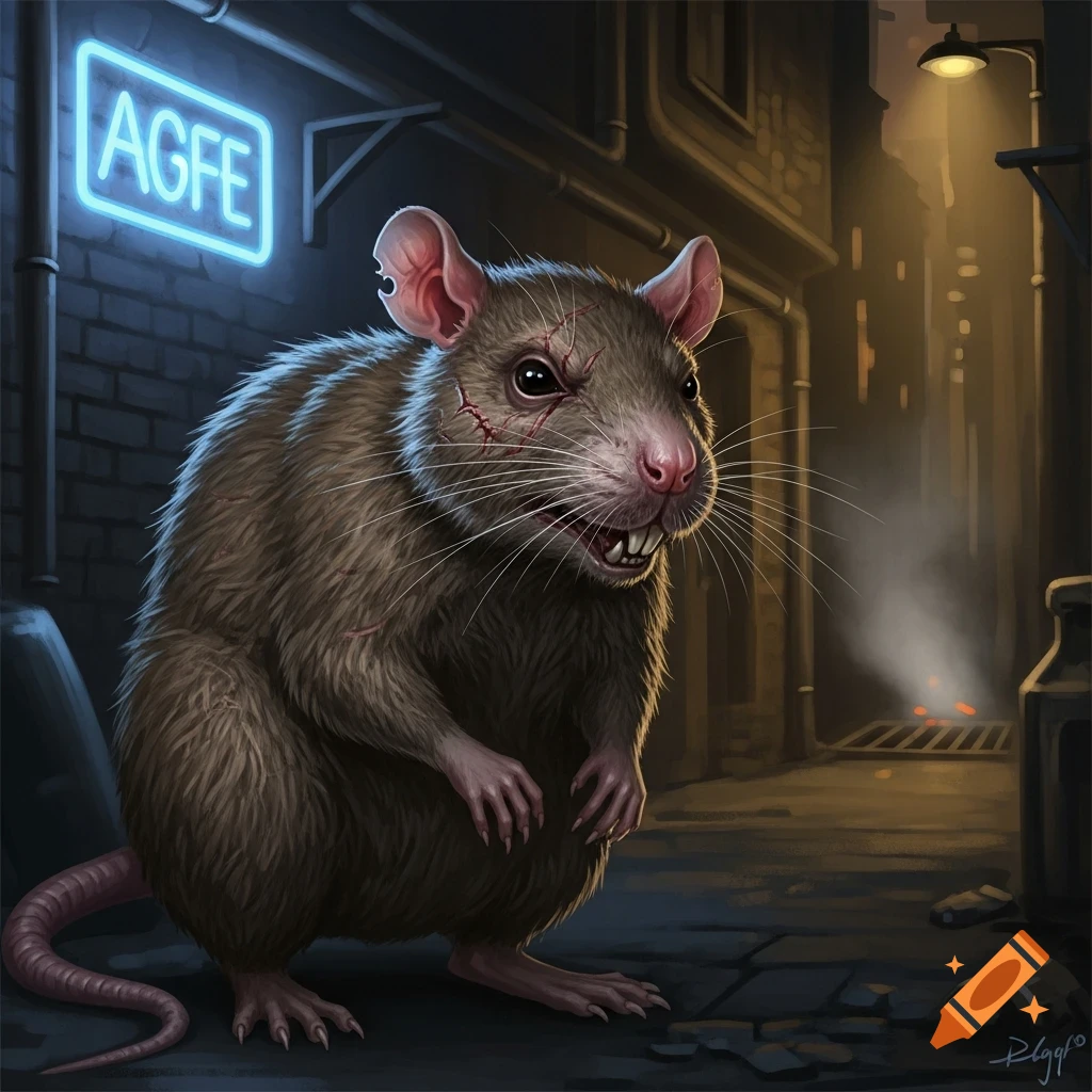 A scarred, furry rat with bared teeth and glowing eyes glares intensely ...