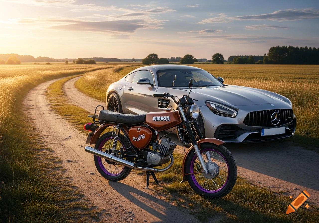 A brown Simson S51 motorcycle with purple rims parked on a dirt road ...