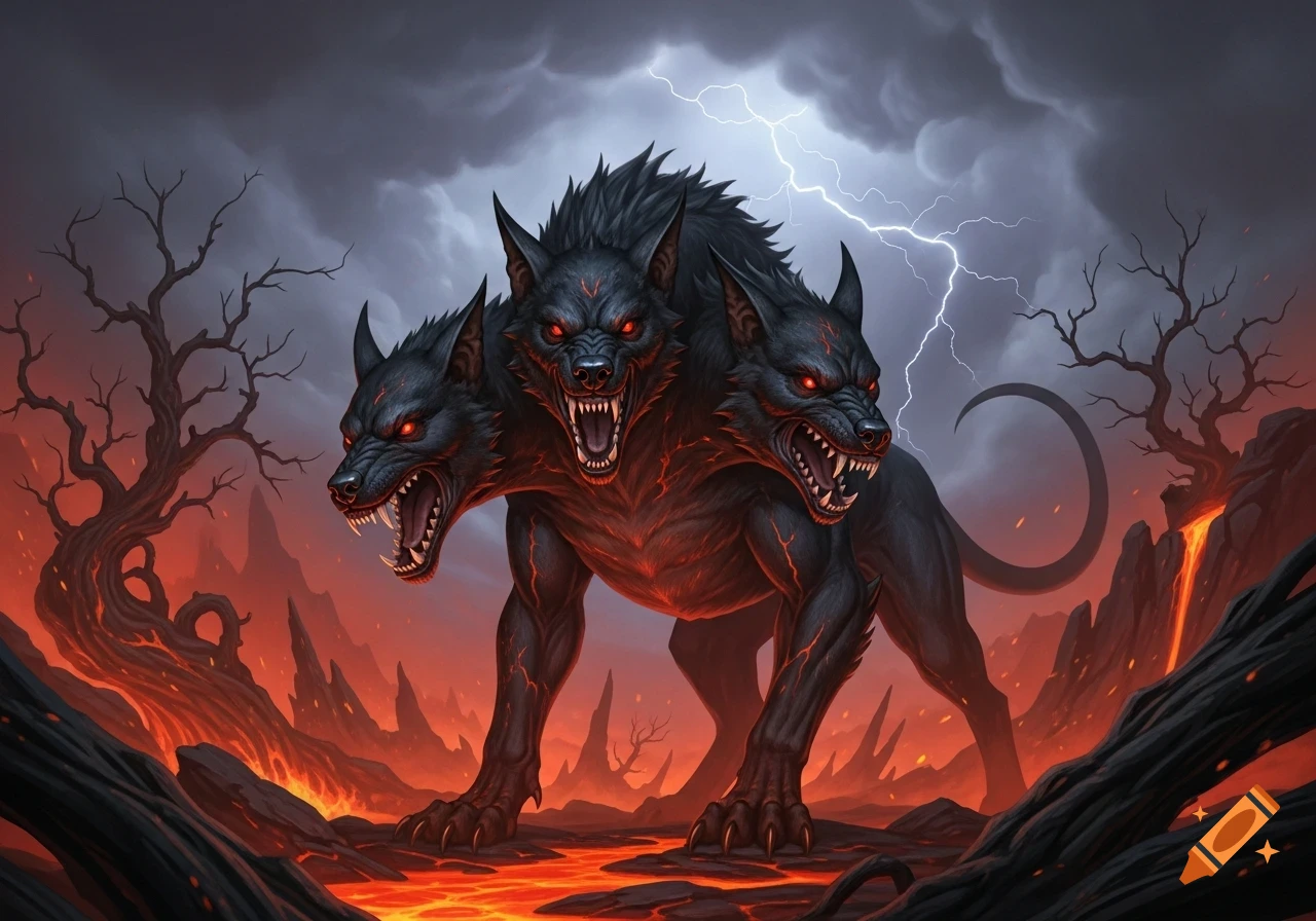 A three-headed black Cerberus with glowing red eyes stands on a fiery ...