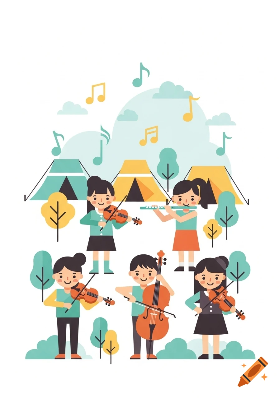 A cute flat-style illustration of children playing string and wind ...